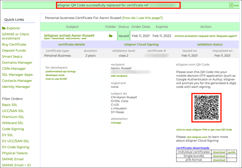 View and Reset eSigner QR Code or Reset PIN - SSL.com